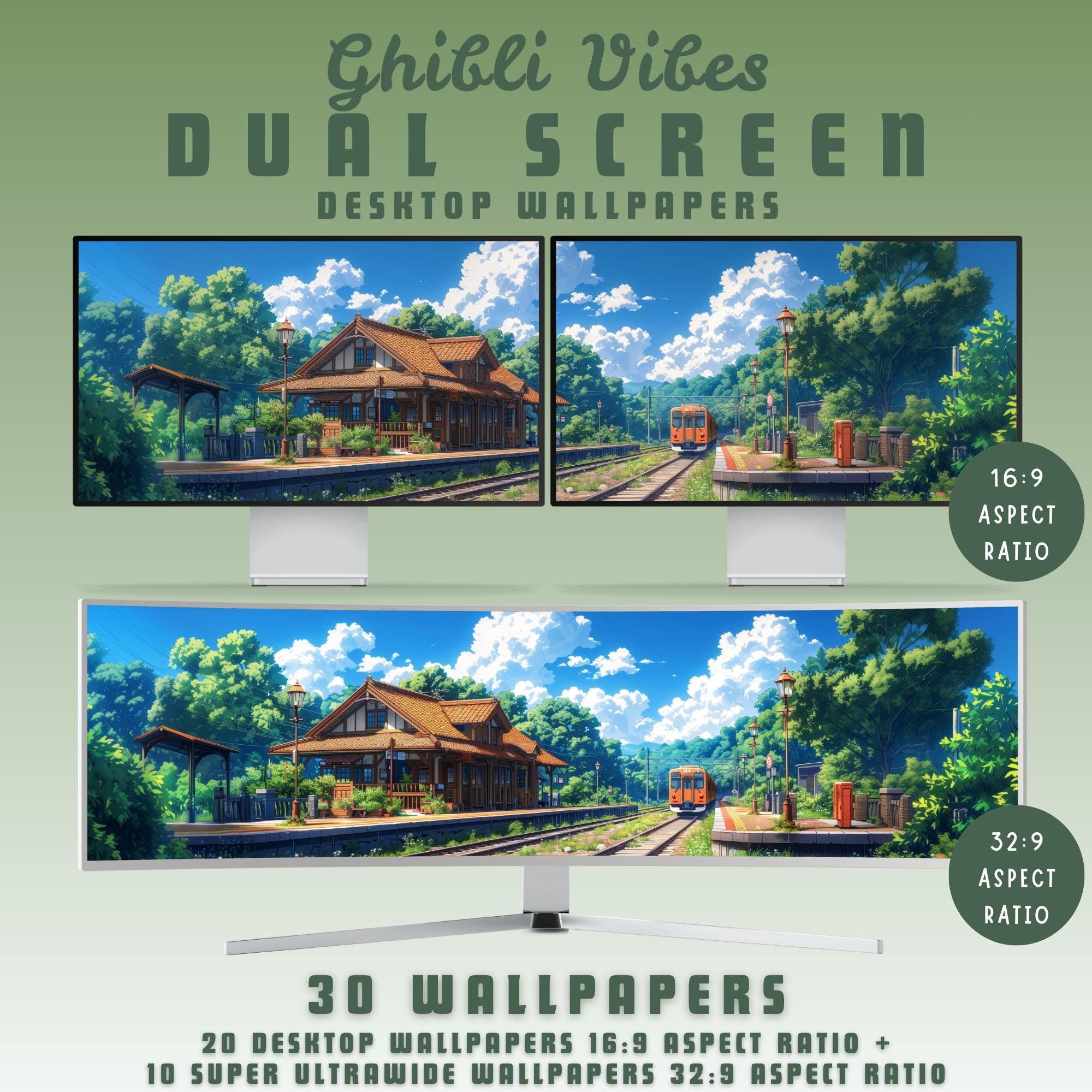 Ghibli Vibes Dual Screen Desktop Wallpaper Mac Wallpaper Super ...
