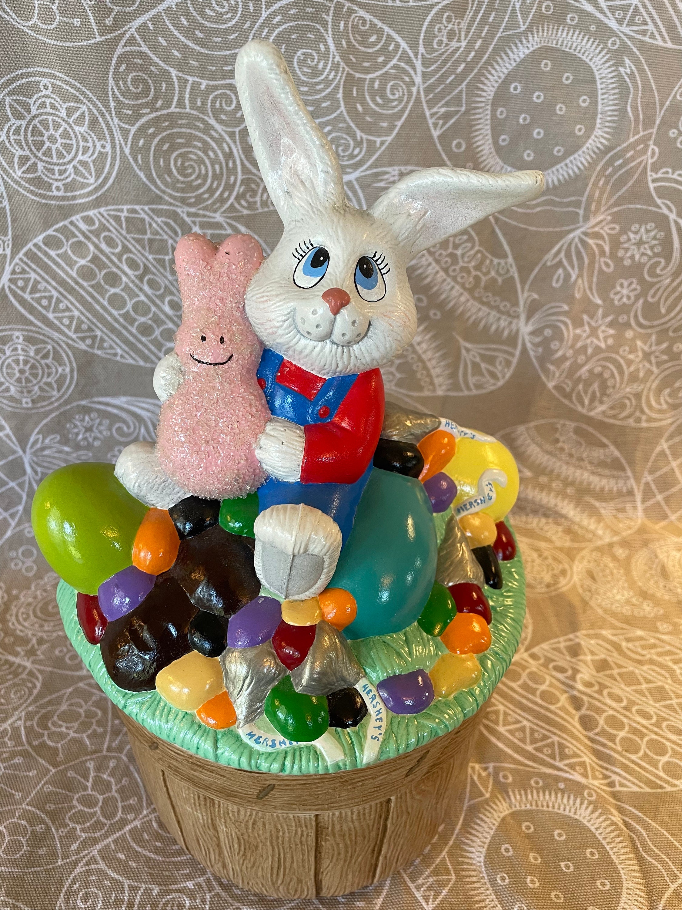 Vintage Hand Painted Ceramic Bisque Easter Bunny Jar on a Bushel Basket ...