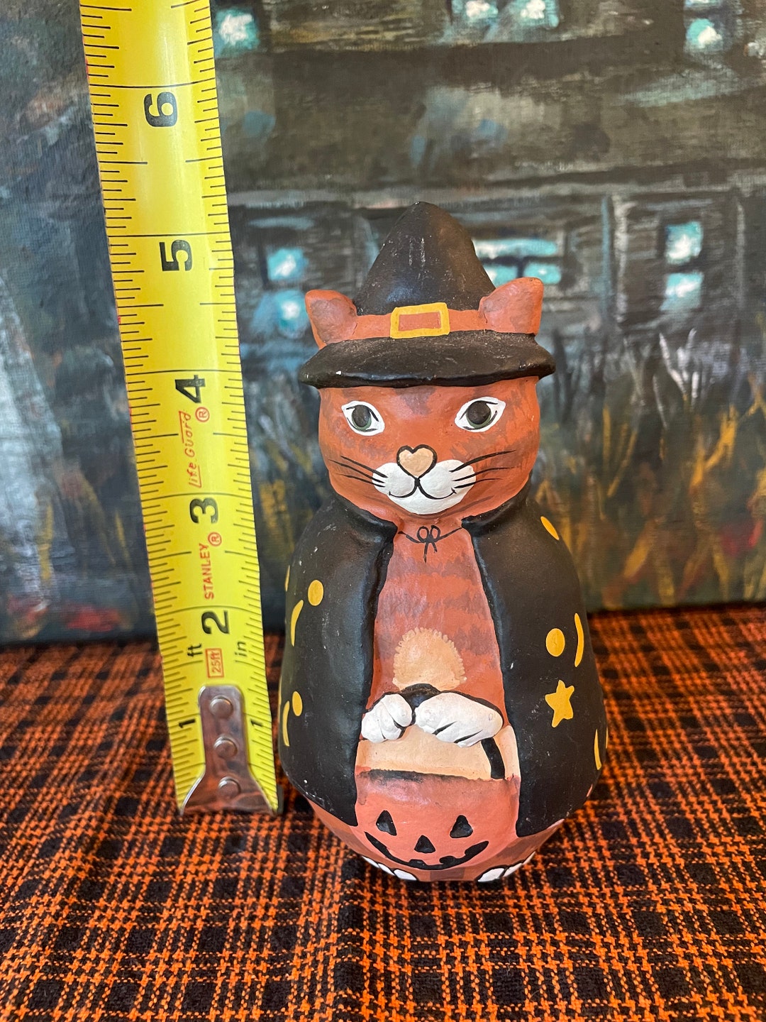 Vintage Hand Painted Halloween Orange Cat With Witch Costume and Jack-o ...