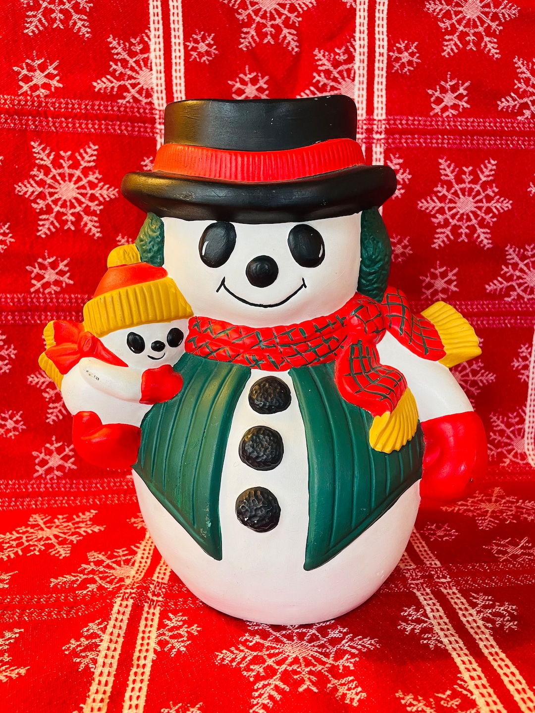 Vintage Hand Painted Ceramic Snowman With Snowbaby and Music Box Rare ...