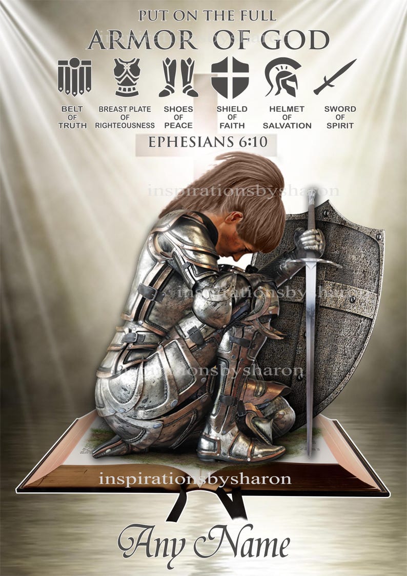 Female Personalised Kneeling Knight With Shield on Bible Armor of God ...