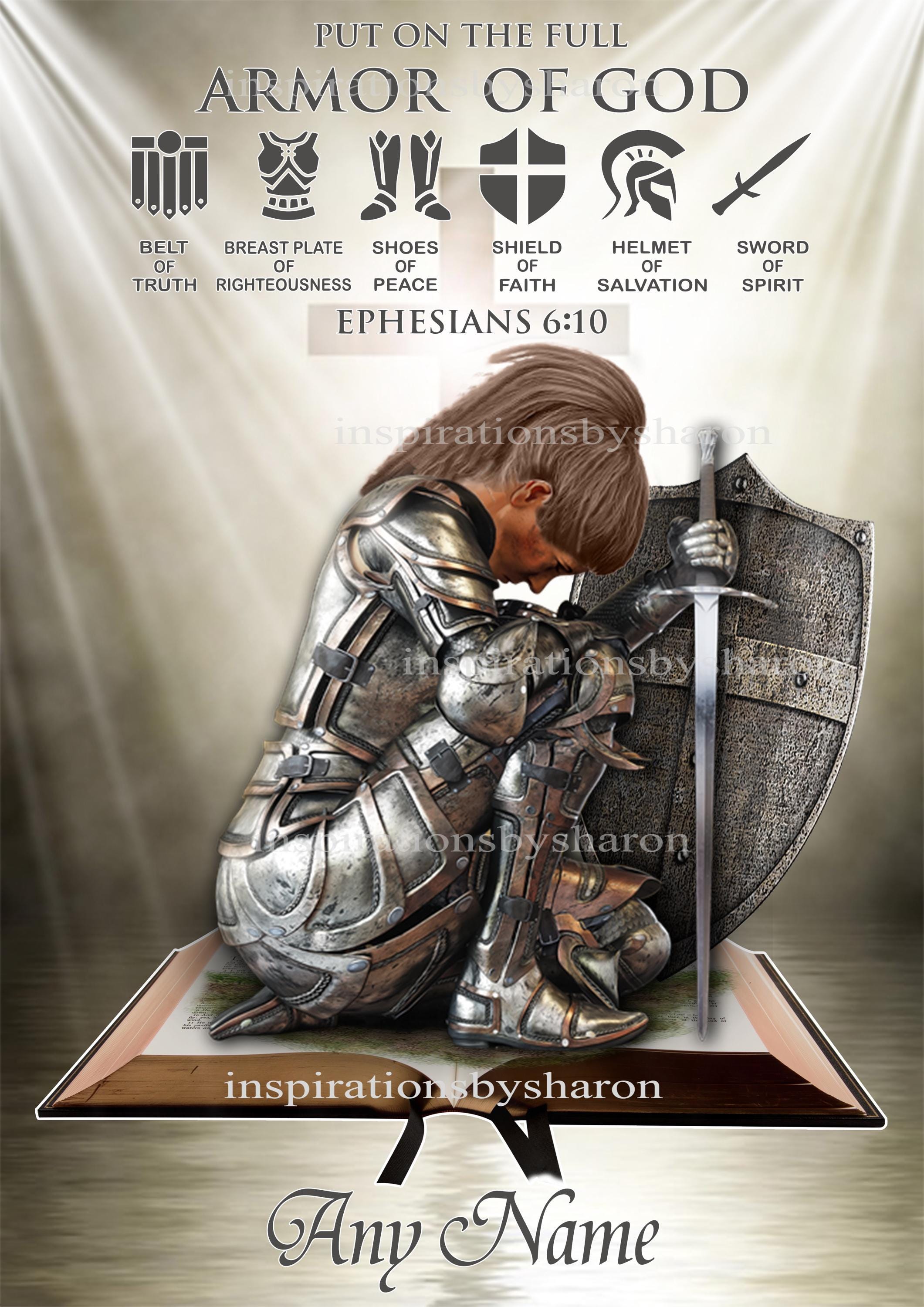 Female Personalised Kneeling Knight With Shield on Bible Armor of God ...