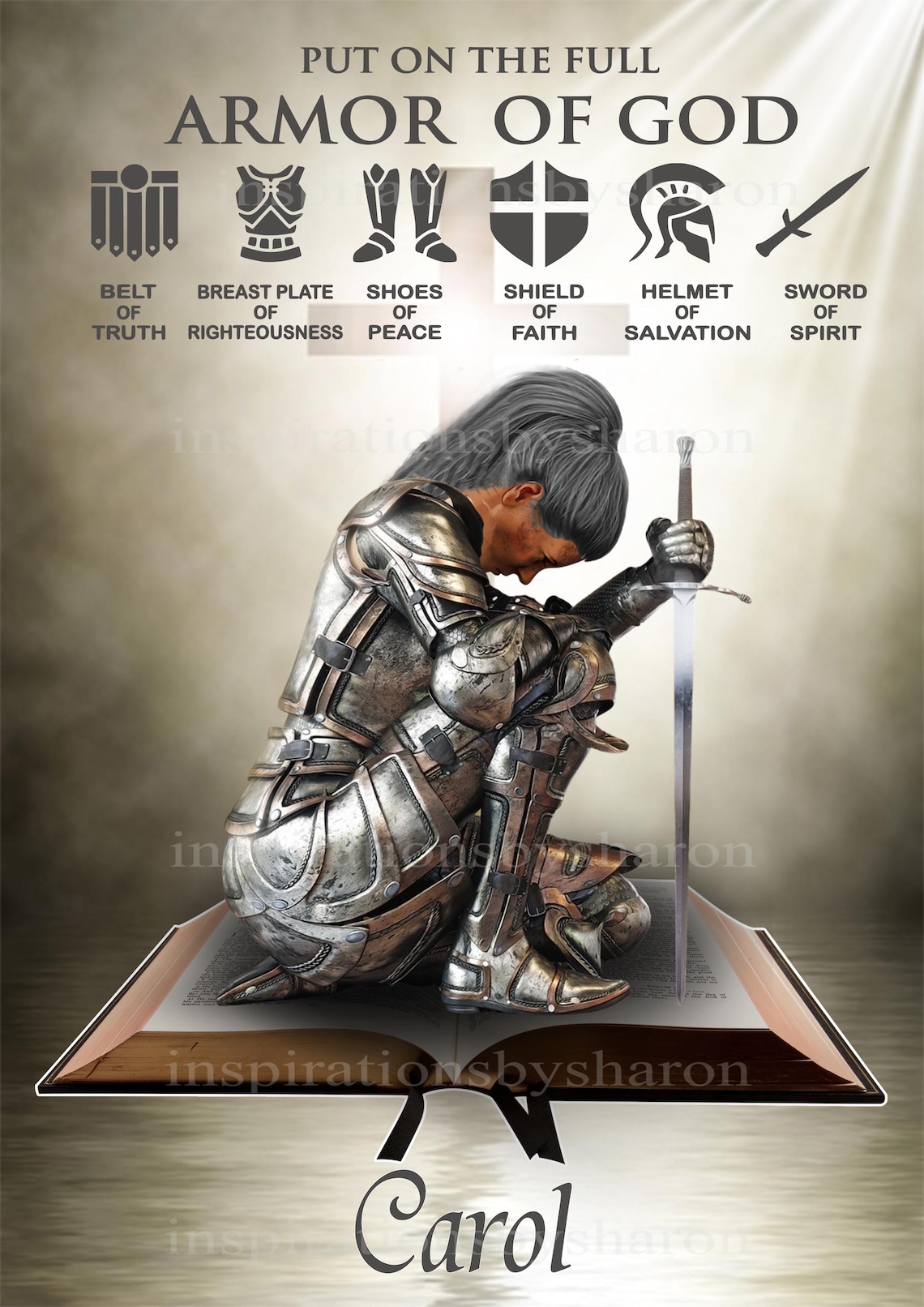 Female Personalised Kneeling Knight With Shield on Bible Armor of God ...