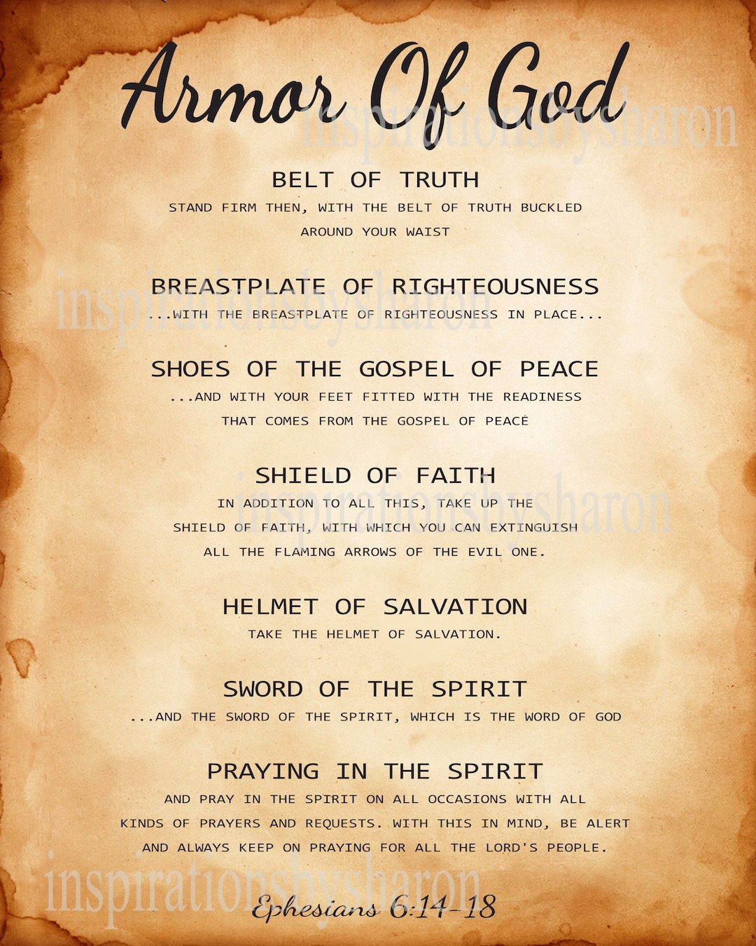 Armor of God Prayer Poster the 6 Pieces of Spiritual Instant Digital ...