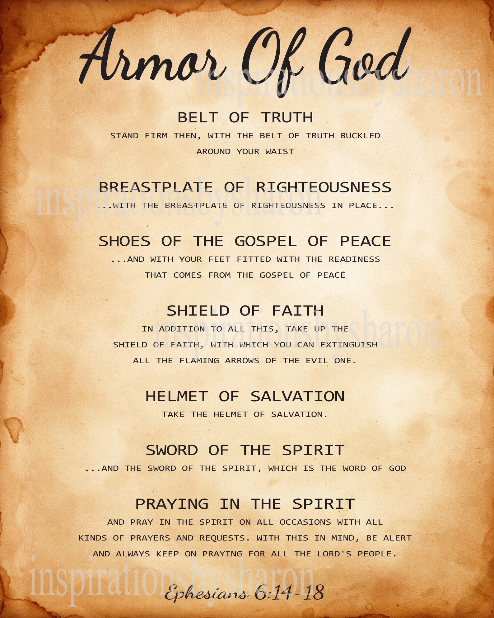 Armor of God Prayer Poster the 6 Pieces of Spiritual Instant Digital ...