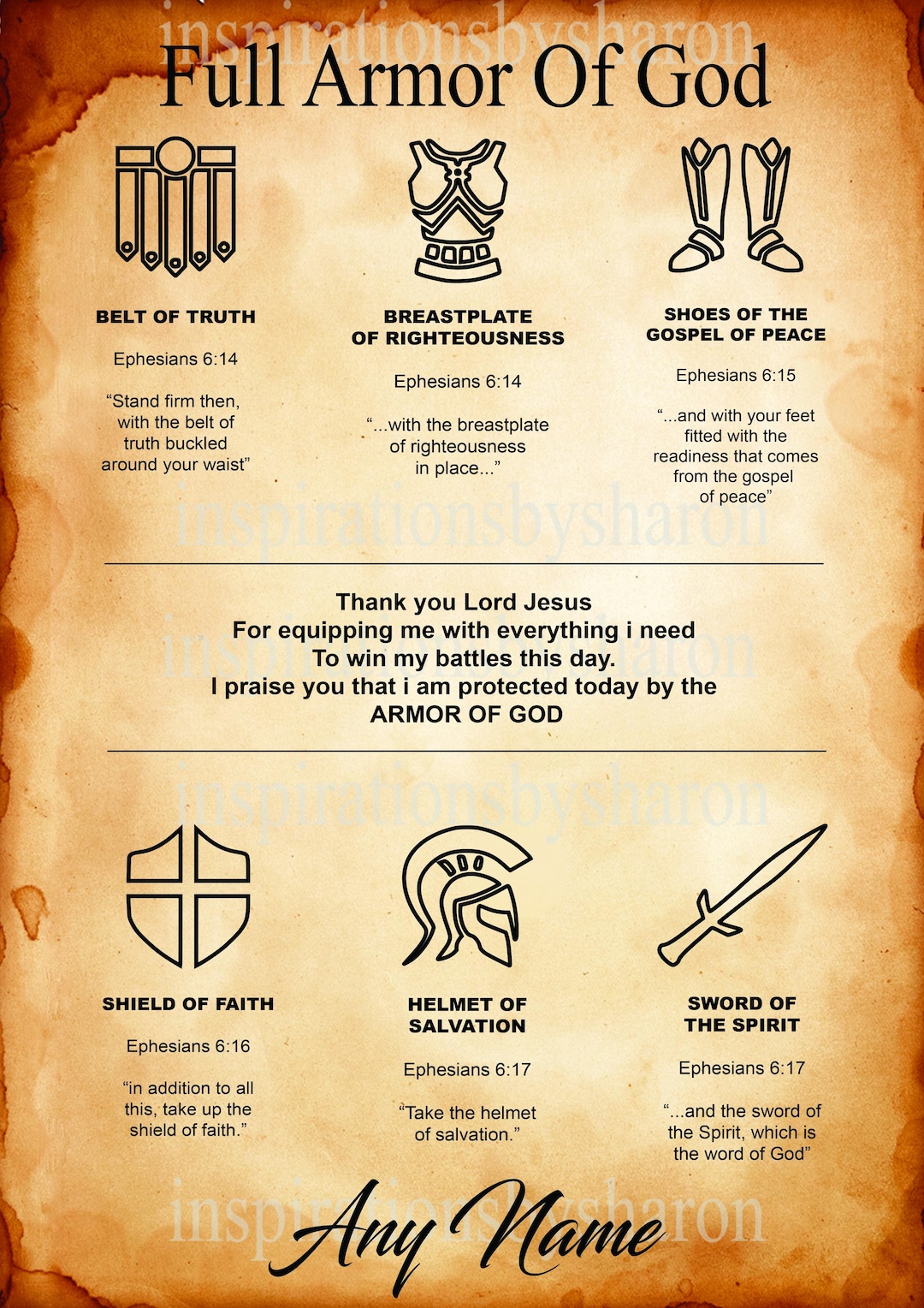 Armor of God Prayer Poster, Personalised Digital Download, the 6 Pieces ...