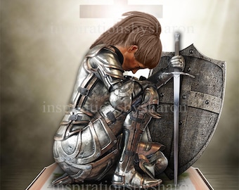 Female Personalised Kneeling Knight With Shield on Bible Armor of God ...