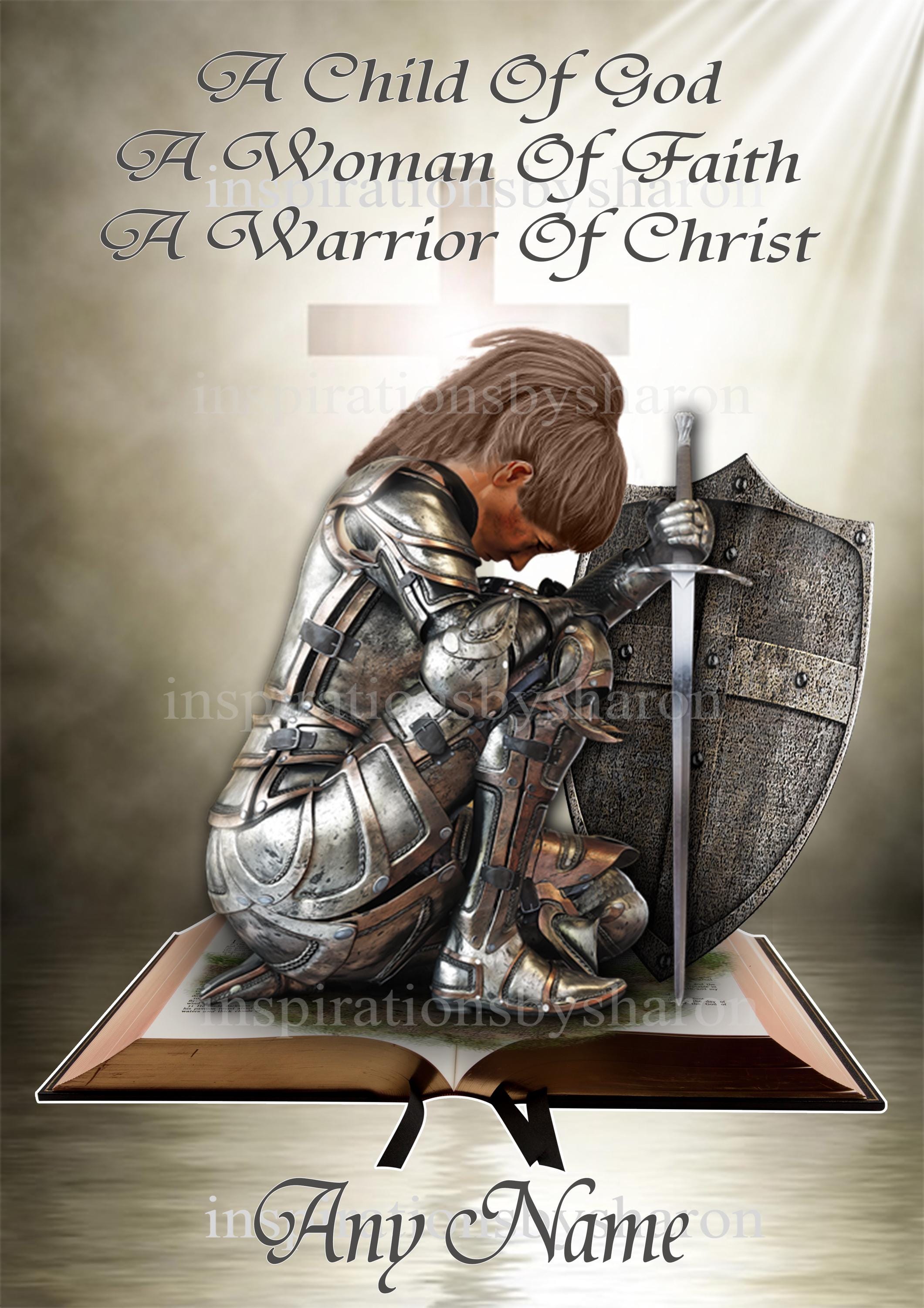 Female Personalised Kneeling Knight With Shield on Bible Armor of God ...