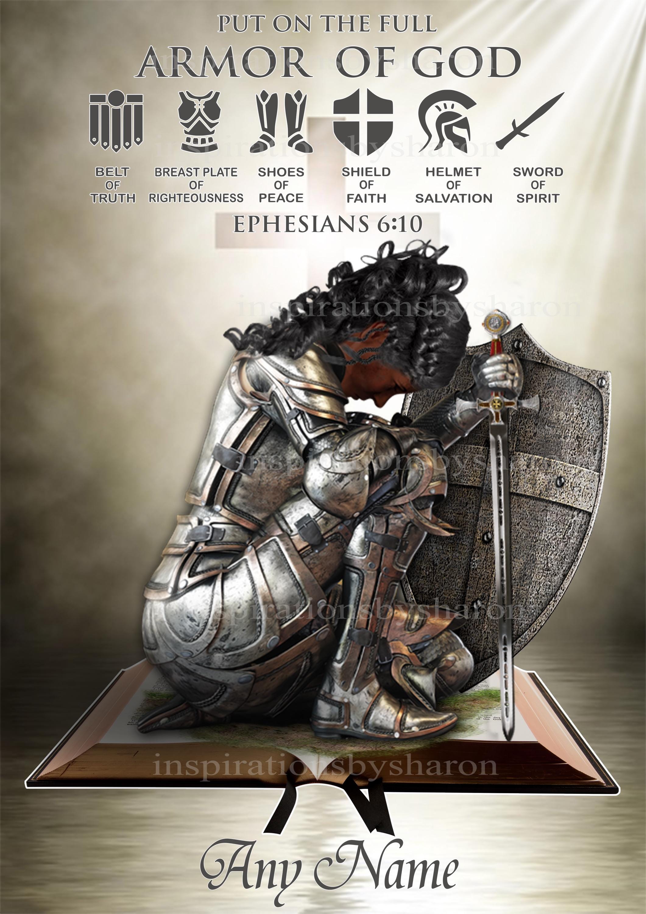 Female Personalised Kneeling Knight With Shield on Bible Armor of God ...