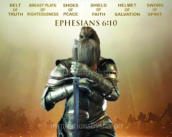 Female Personalised Kneeling Knight With Shield on Bible Armor of God ...