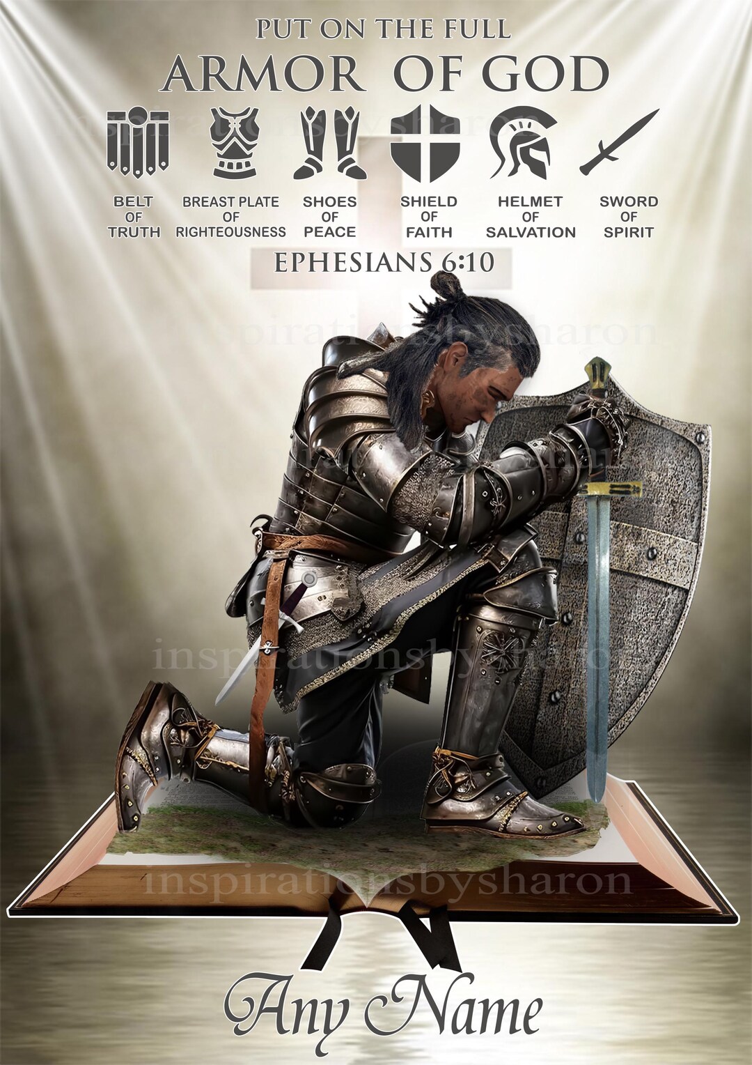 Male Personalised Kneeling Knight With Shield on Bible Armor of God ...