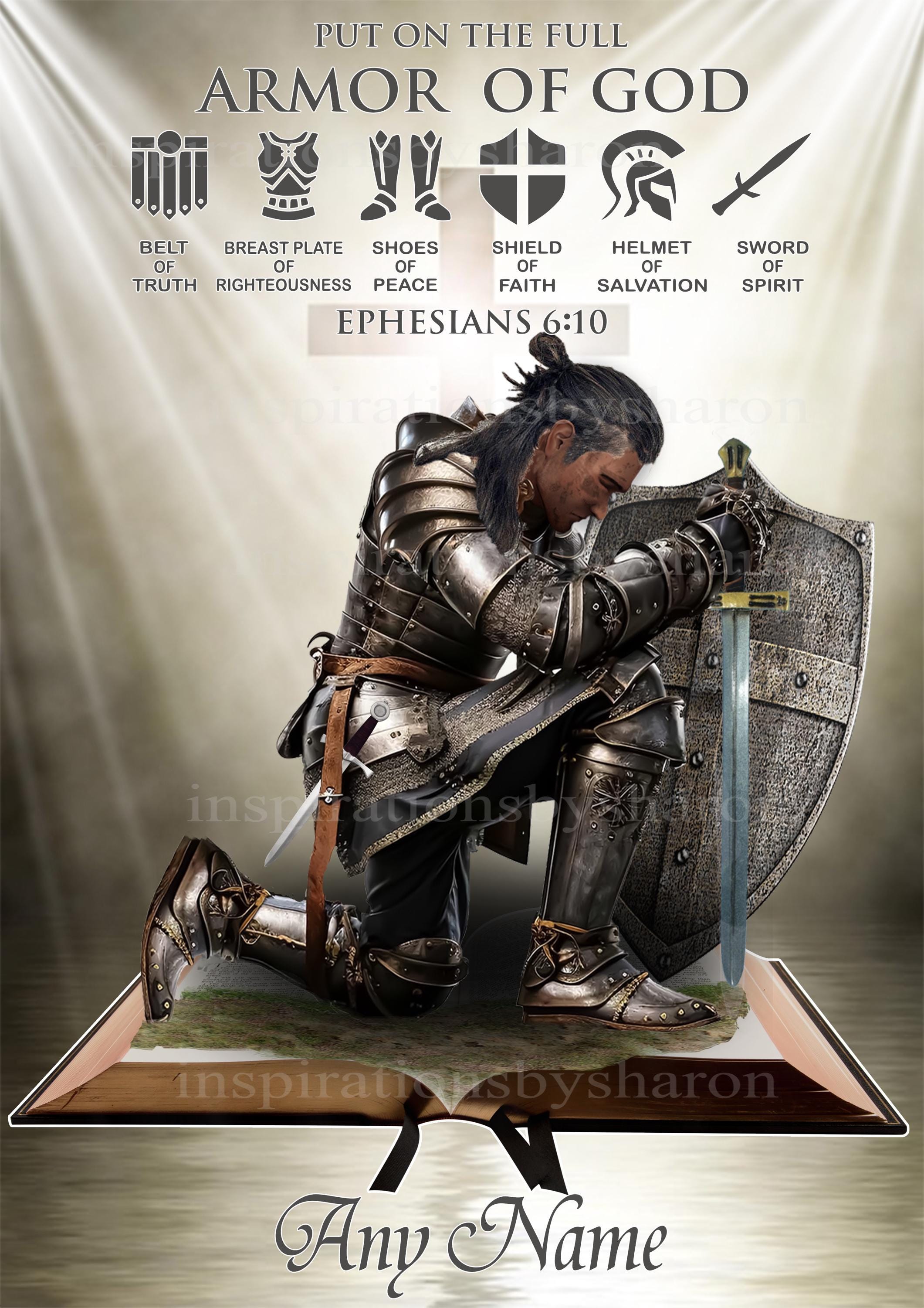 Male Personalised Kneeling Knight With Shield on Bible Armor of God ...