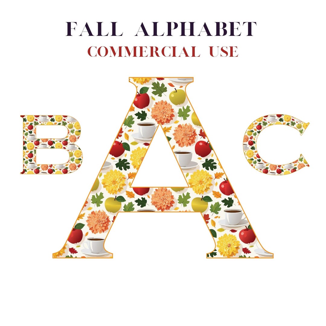Fall Alphabet PNG Bundle. Cute Letters With Coffee Cups, Mums, Leaves ...