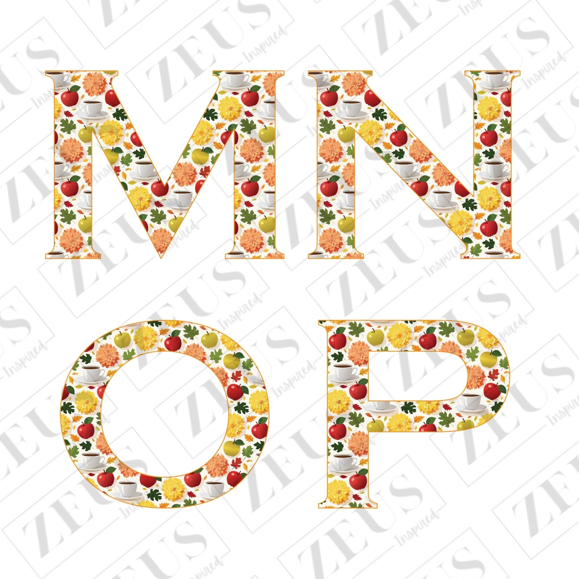 Fall Alphabet PNG Bundle. Cute Letters With Coffee Cups, Mums, Leaves ...