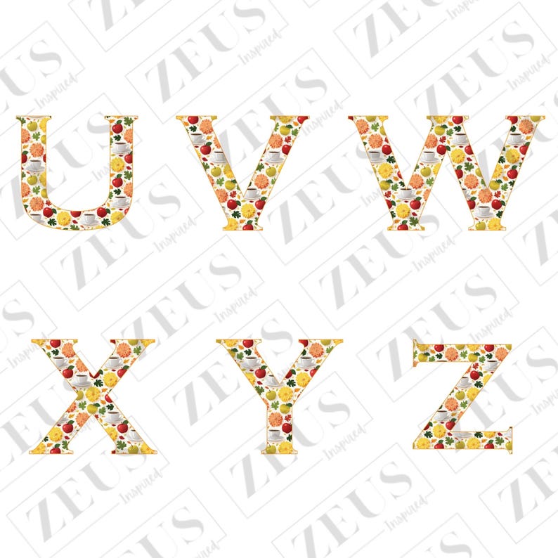 Fall Alphabet PNG Bundle. Cute Letters With Coffee Cups, Mums, Leaves ...