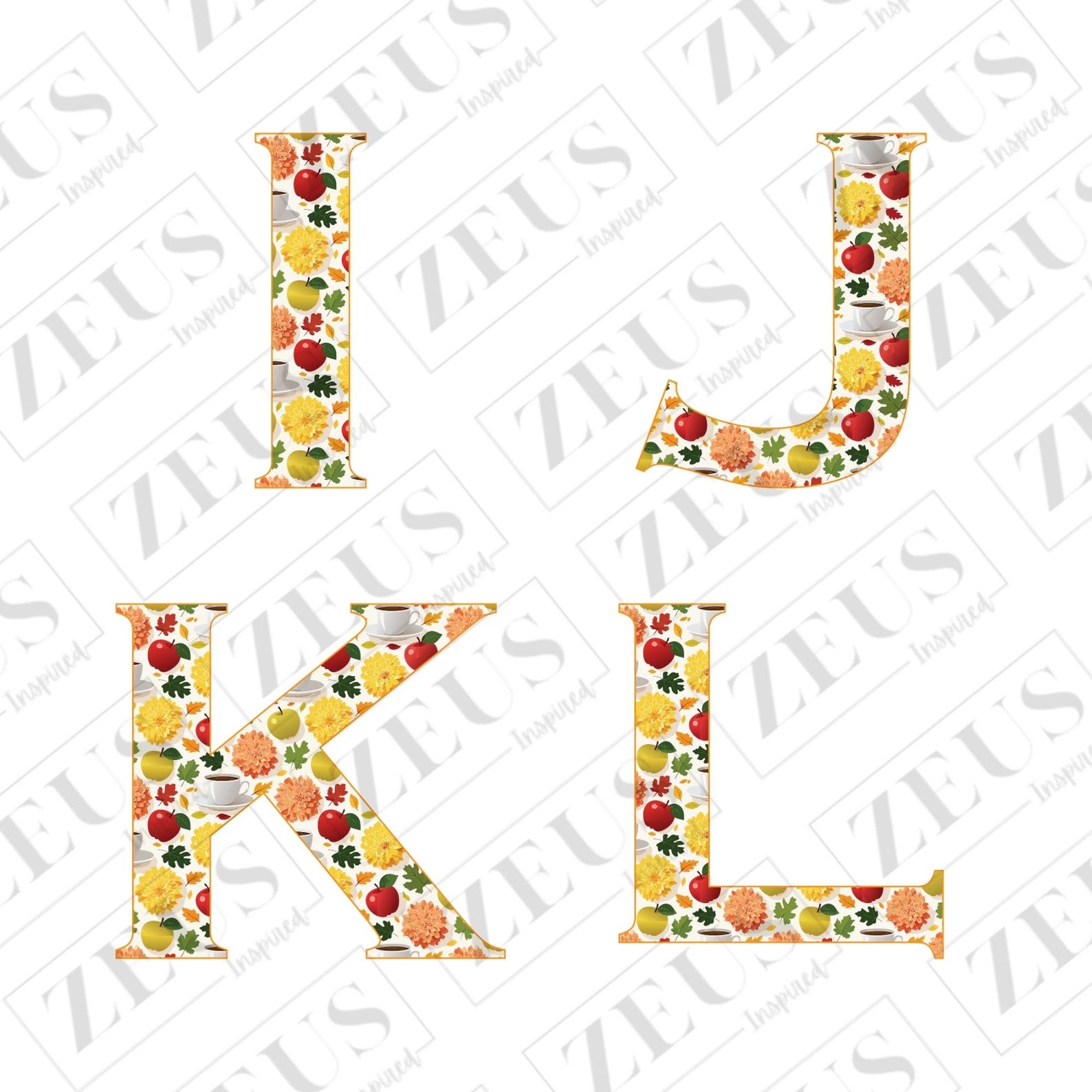 Fall Alphabet PNG Bundle. Cute Letters With Coffee Cups, Mums, Leaves ...