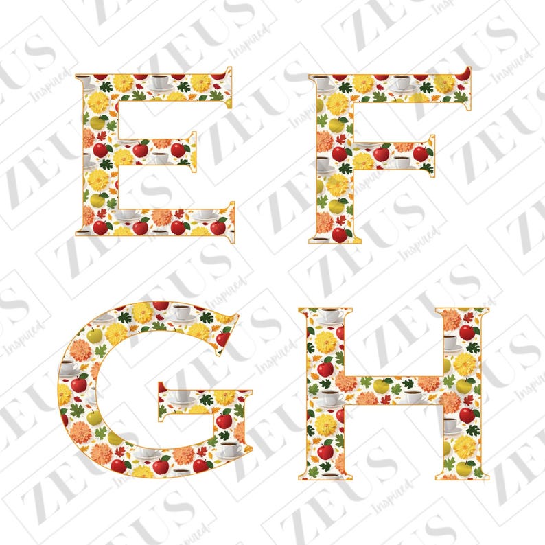 Fall Alphabet PNG Bundle. Cute Letters With Coffee Cups, Mums, Leaves ...