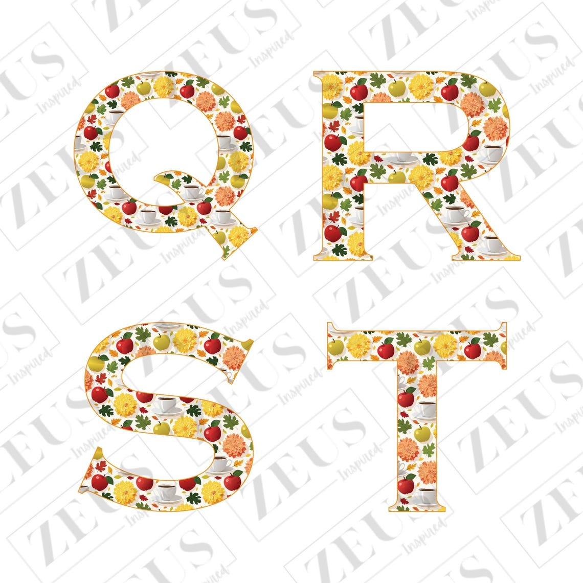 Fall Alphabet PNG Bundle. Cute Letters With Coffee Cups, Mums, Leaves ...