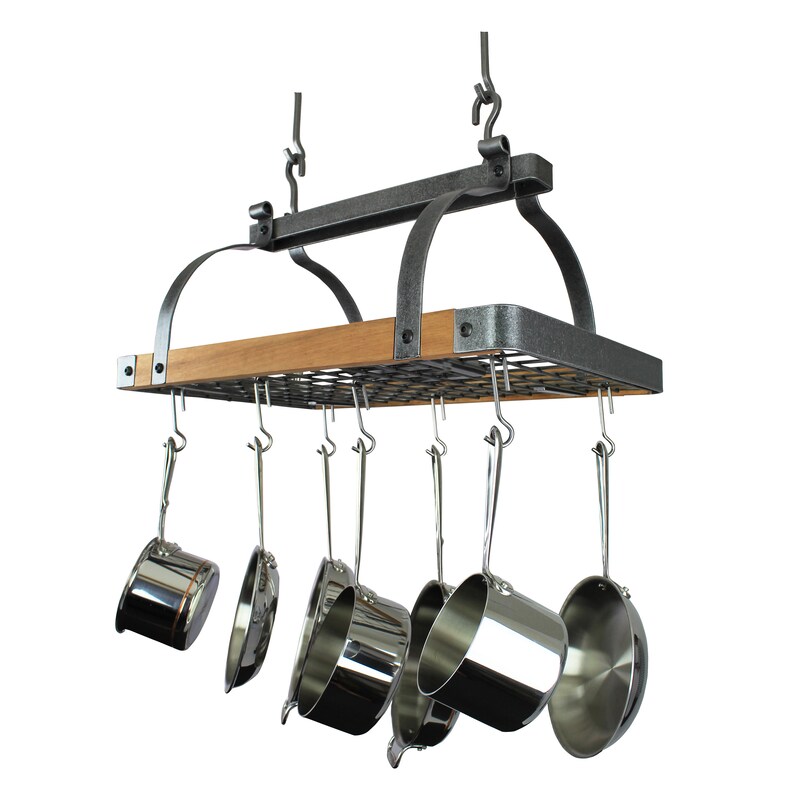 Signature 30 Rectangle Ceiling Pot Rack Hammered Steel W Tigerwood & 24 ...
