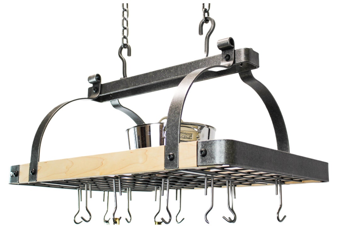 Signature 30 Rectangle Ceiling Pot Rack Hammered Steel W Maple & 24 ...