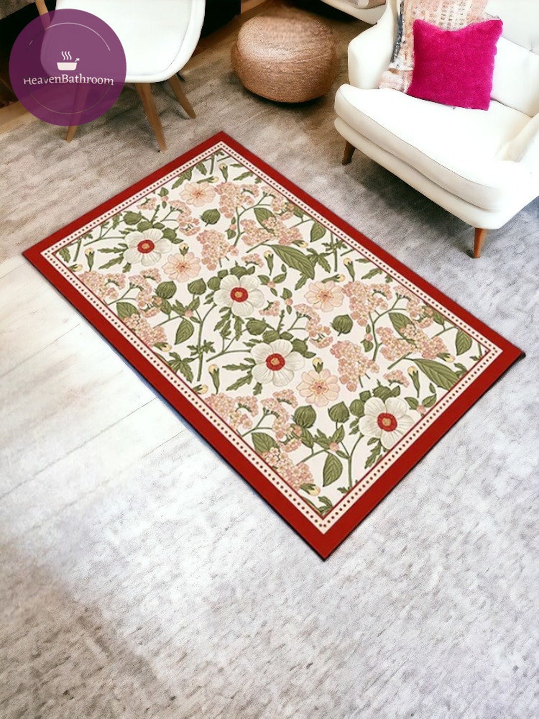 Floral Flower Bath Mat Funky Persian Style Bath Mat Boho Bath Mat Pink ...