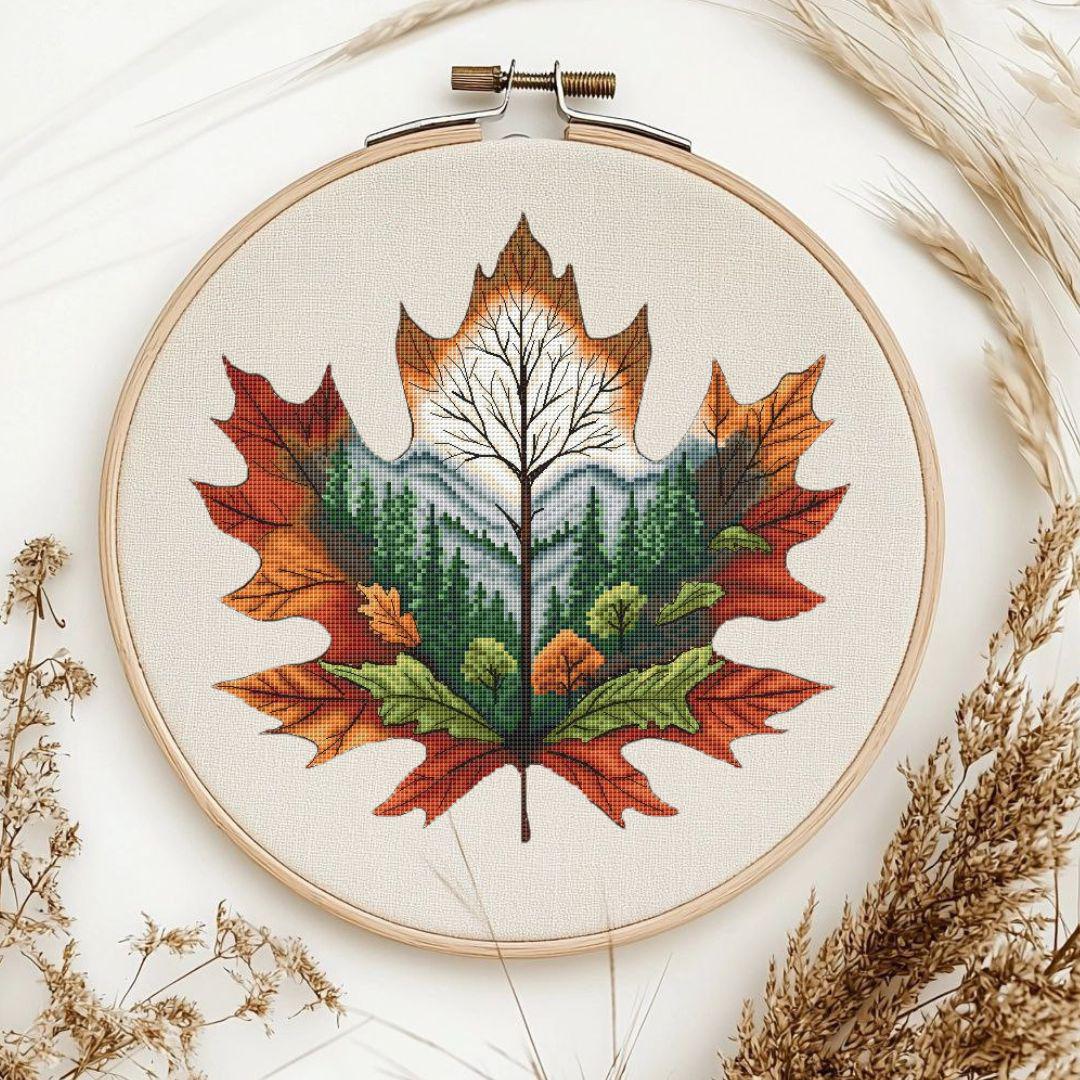 Autumn Leaf Cross Stitch Pattern: Forest Landscape Embroidery (PDF ...