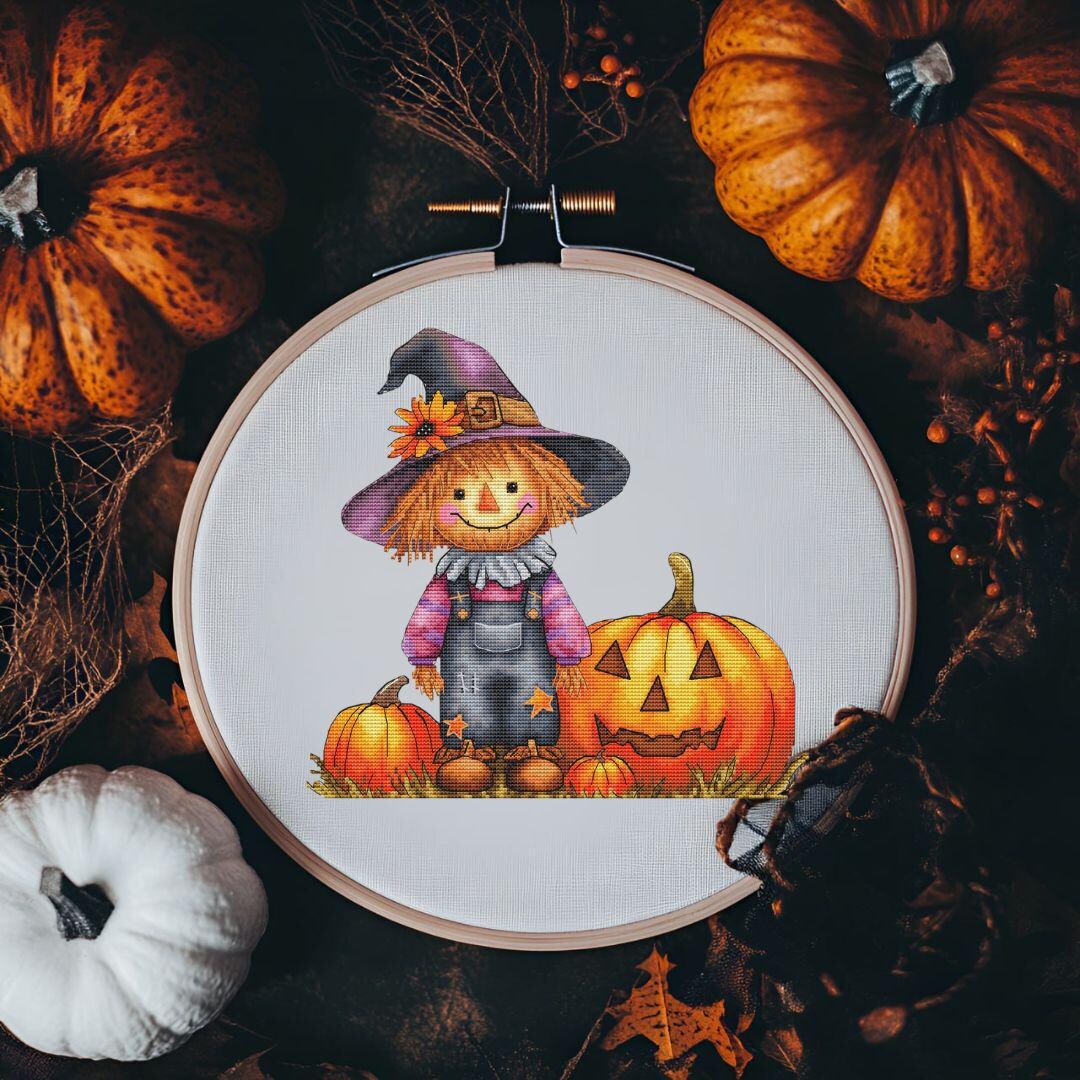Halloween Scarecrow Cross Stitch Pattern, Pumpkins, Witch Hat (PDF ...