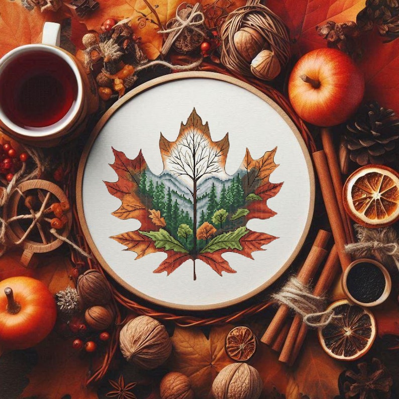 Autumn Leaf Cross Stitch Pattern: Forest Landscape Embroidery (PDF ...