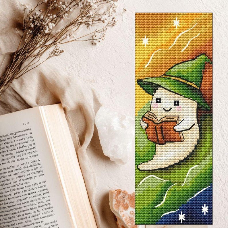 Cute Ghost Bookmark Cross Stitch Pattern • Wizard Ghost Reading ...