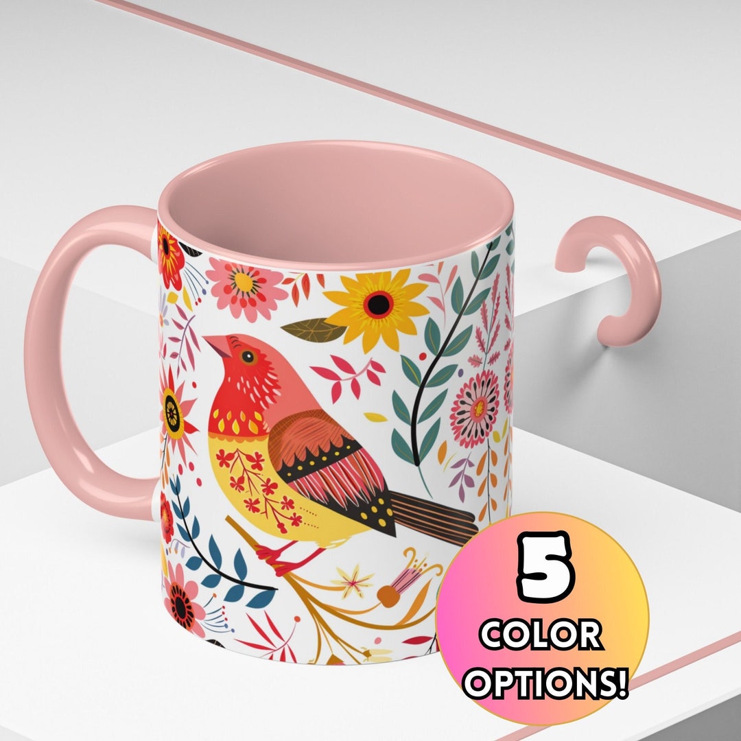 Folk Art Sparrow Coffee Mug: Scandinavian Floral Bird Design - Etsy