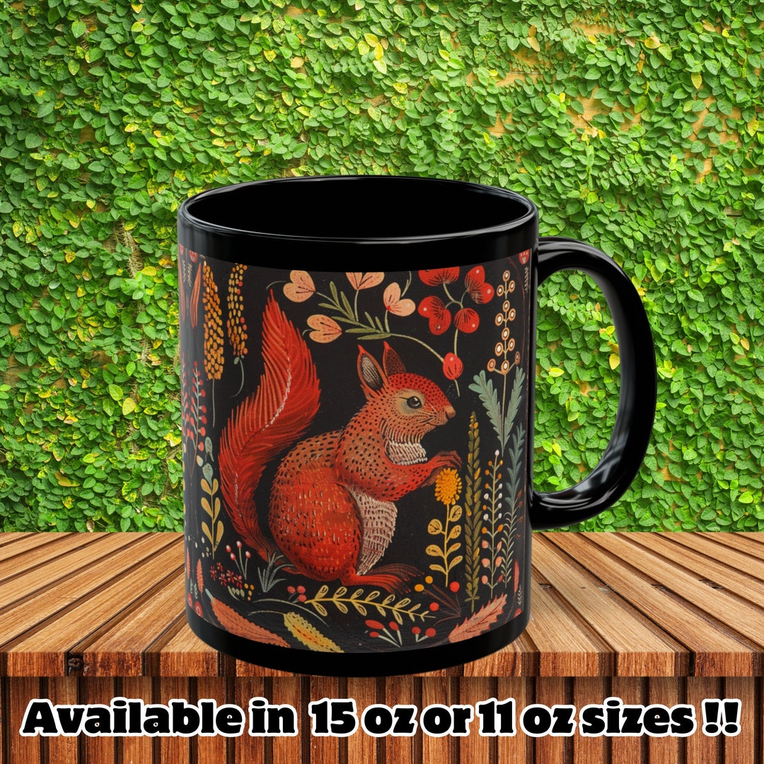 Black Folk Art Squirrel Mug Squirrel Coffee Cup Mothers Day Gift Cute ...