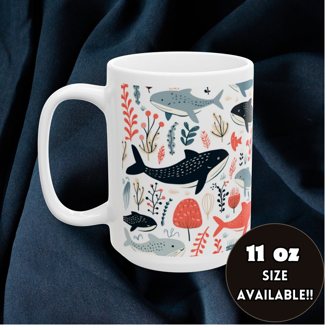 Folk Art Style Whale Mug, Cute Ceramic Coffee Mug, Whale Print Gift ...