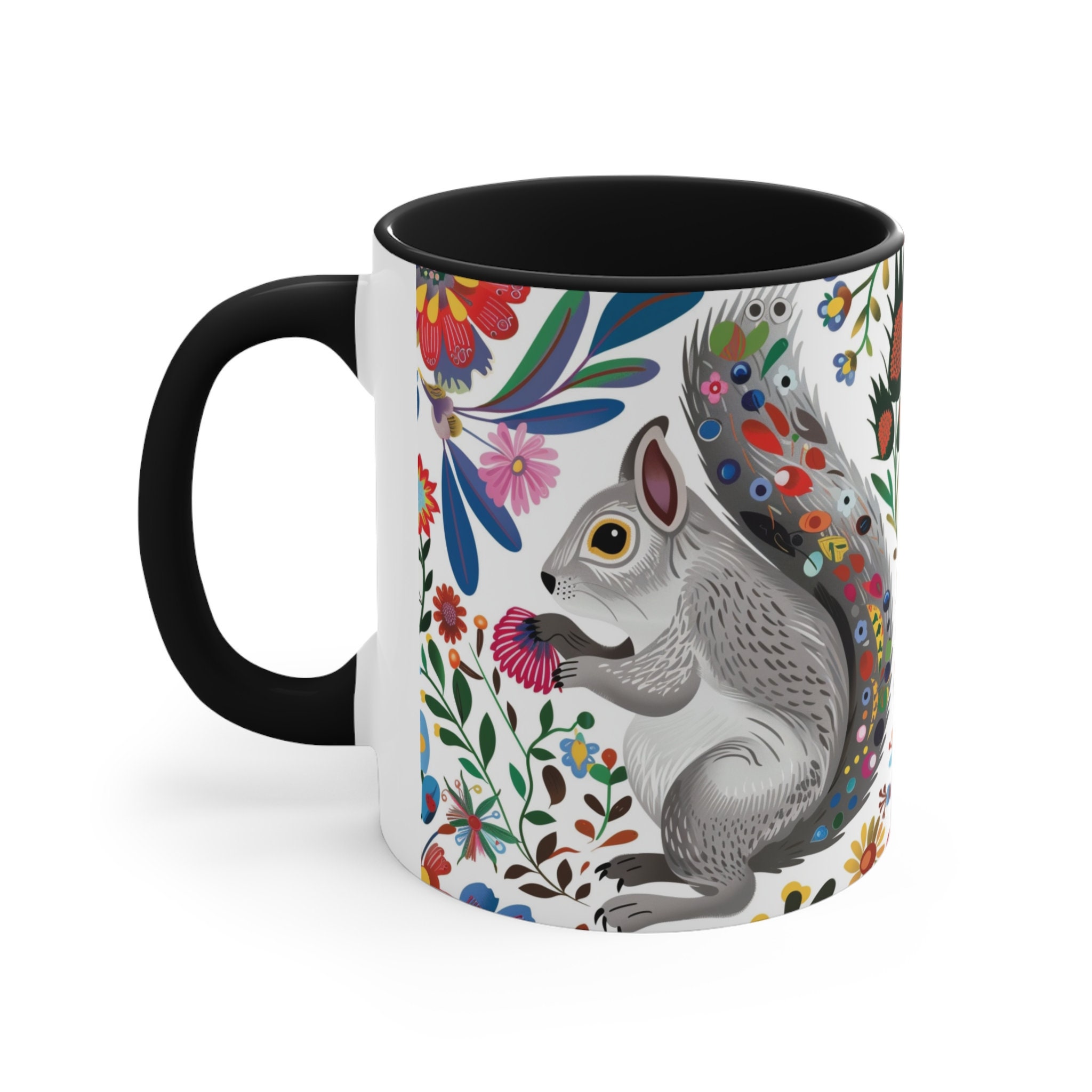 Folk Art Style Squirrel Mug, Ceramic Coffee Mug, Cute Grey Squirrel ...