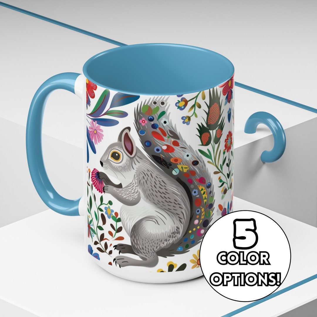 Folk Art Style Squirrel Mug, Ceramic Coffee Mug, Cute Grey Squirrel ...