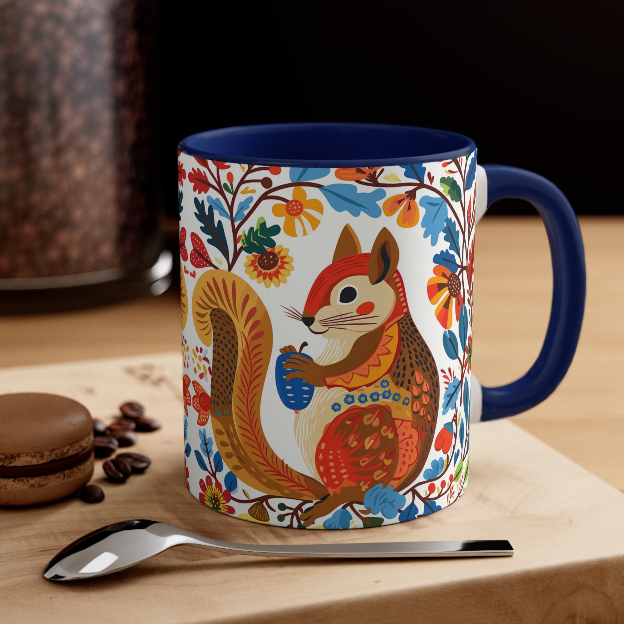 Folk Art Style Squirrel Mug, Ceramic Coffee Mug, Cute Squirrel Latte ...