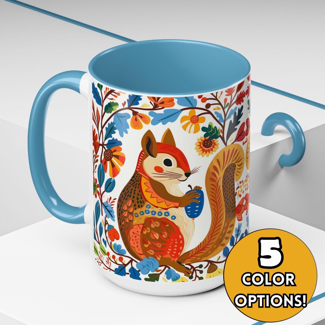 Folk Art Style Squirrel Mug, Ceramic Coffee Mug, Cute Squirrel Latte ...
