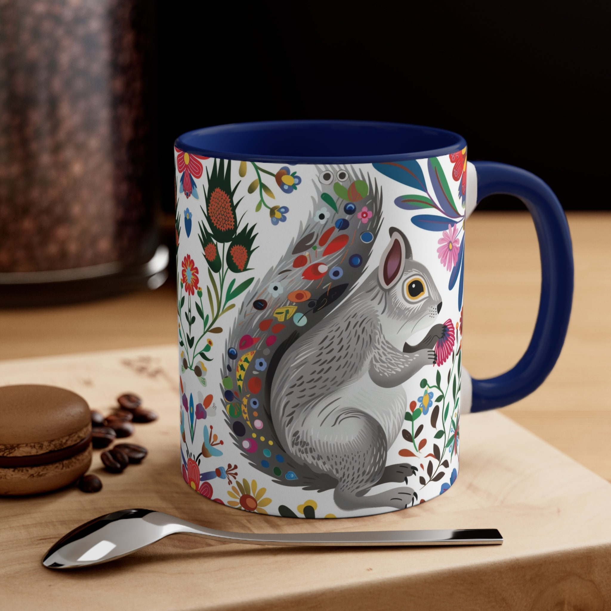 Folk Art Style Squirrel Mug, Ceramic Coffee Mug, Cute Grey Squirrel ...