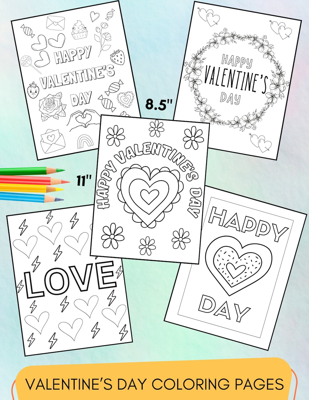 5 Printable Valentine's Day Coloring Pages, Instant Download Coloring ...