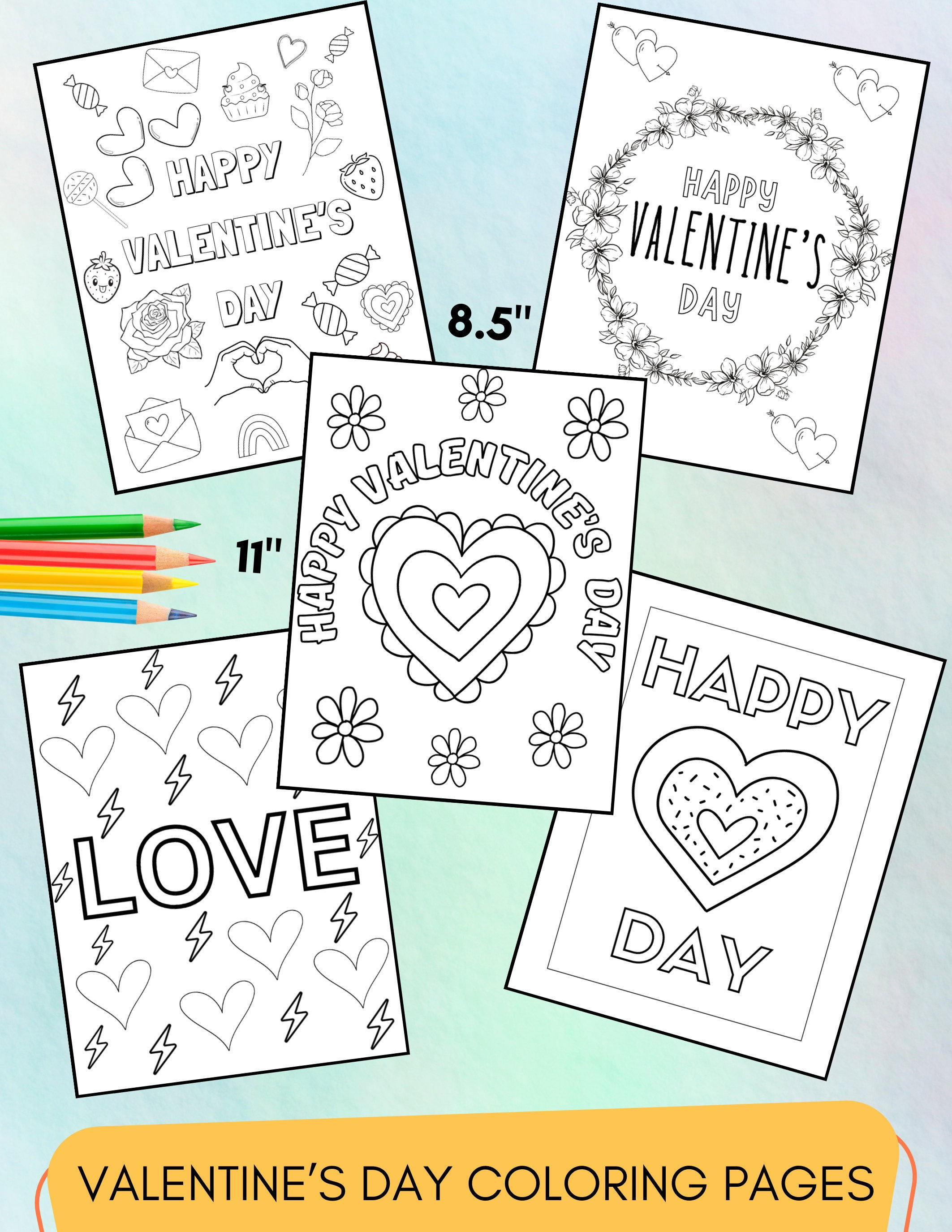5 Printable Valentine's Day Coloring Pages, Instant Download Coloring ...