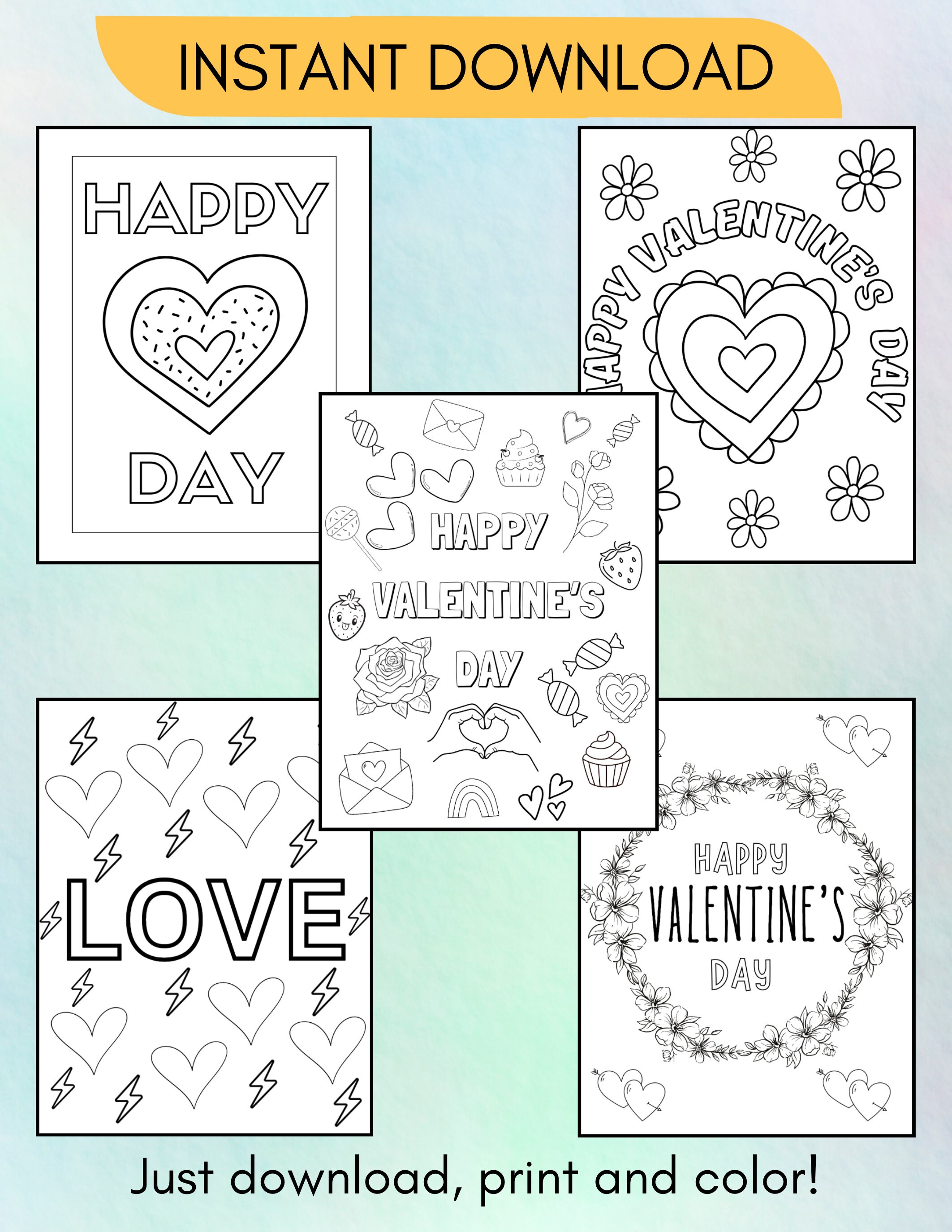5 Printable Valentine's Day Coloring Pages, Instant Download Coloring ...