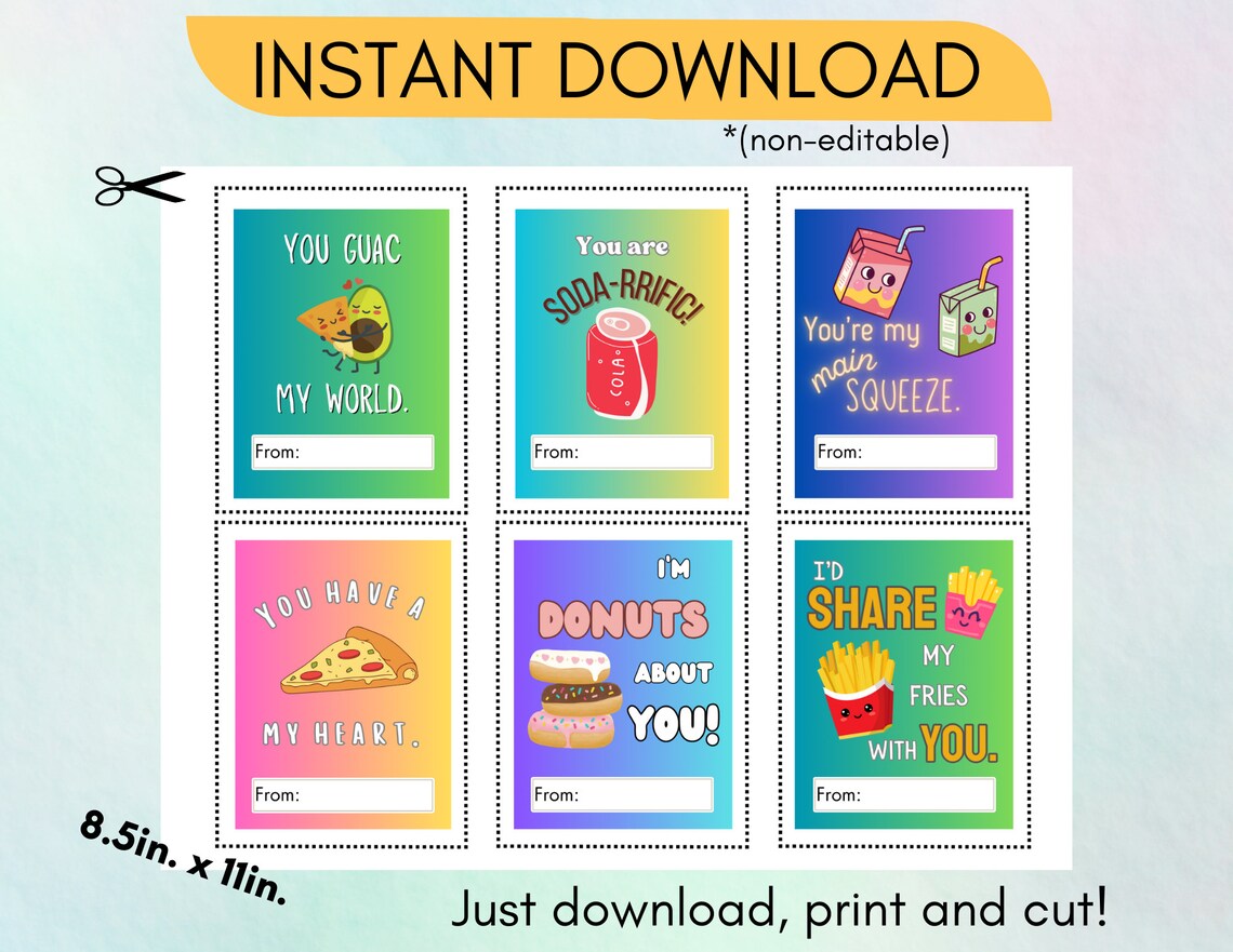 6 Printable Food Valentines Day Cards, Kids Valentines Day Cards, Food ...
