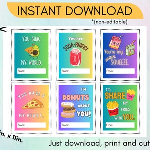 6 Printable Food Valentines Day Cards, Kids Valentines Day Cards, Food ...