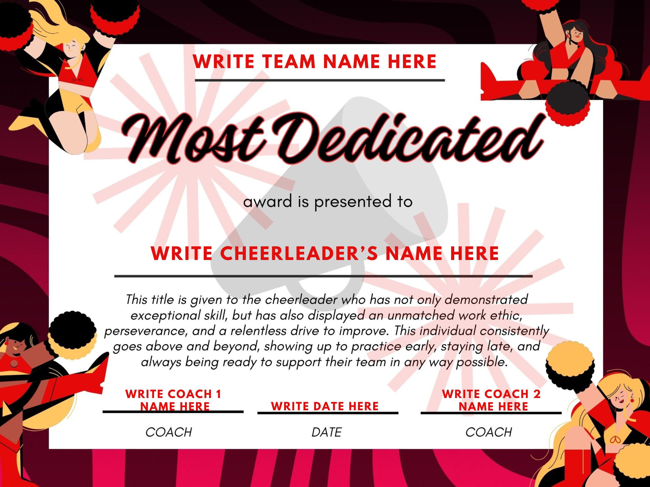 CANVA EDITABLE TEMPLATE Cheer Certificates for Kids Red and Black Cheer ...