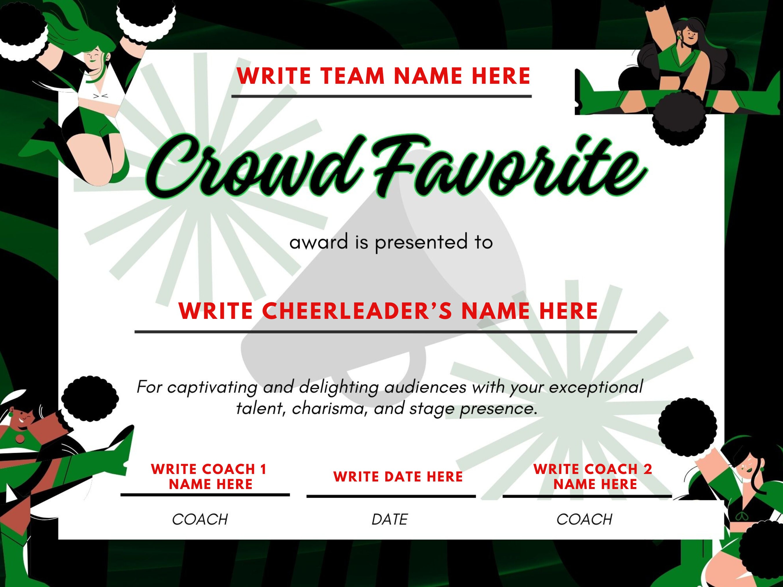 CANVA EDITABLE TEMPLATE Cheer Certificates, for Kids, Black and Green ...