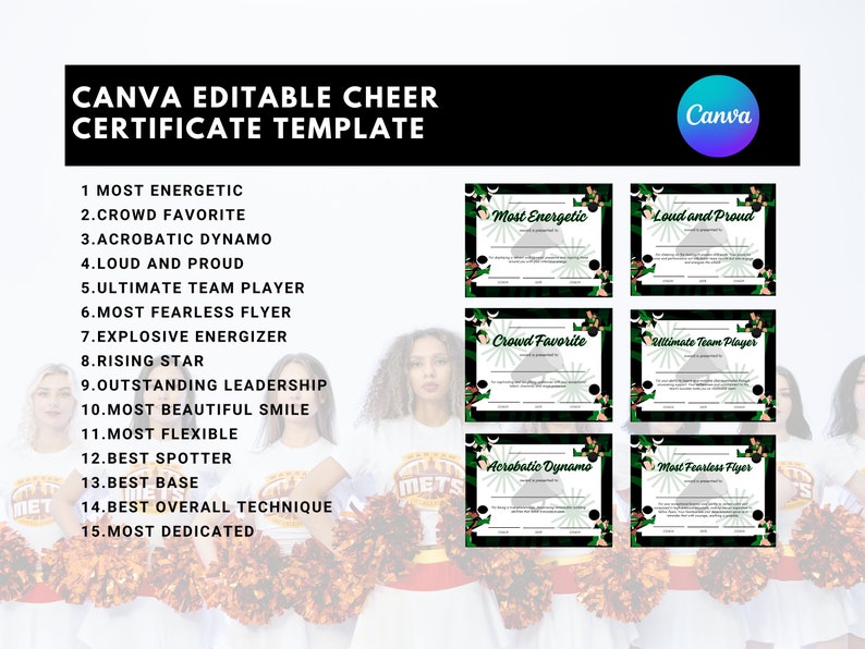 CANVA EDITABLE TEMPLATE Cheer Certificates, for Kids, Black and Green ...
