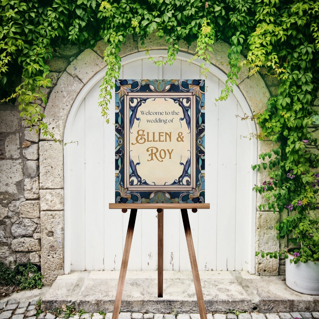 Vintage Navy Bleu Wedding Welcome Sign, Editable Template, Art Nouveau ...