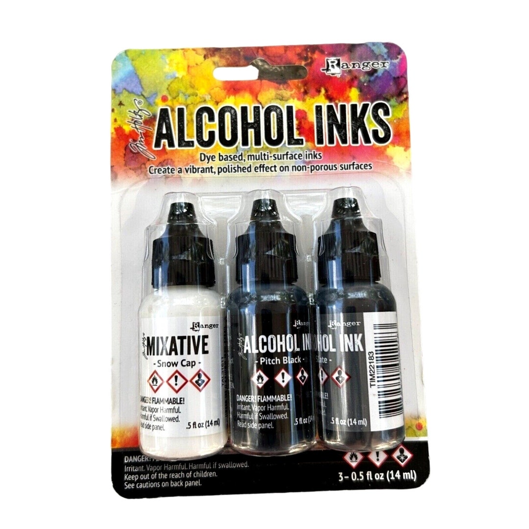 Ranger Alcohol Inks Snow Cap, Pitch Black & Slate 3 Pack Dye Based ...