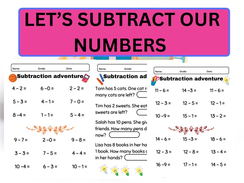 Printable Subtraction Worksheets, Kindergarten Math Worksheets, Instant ...
