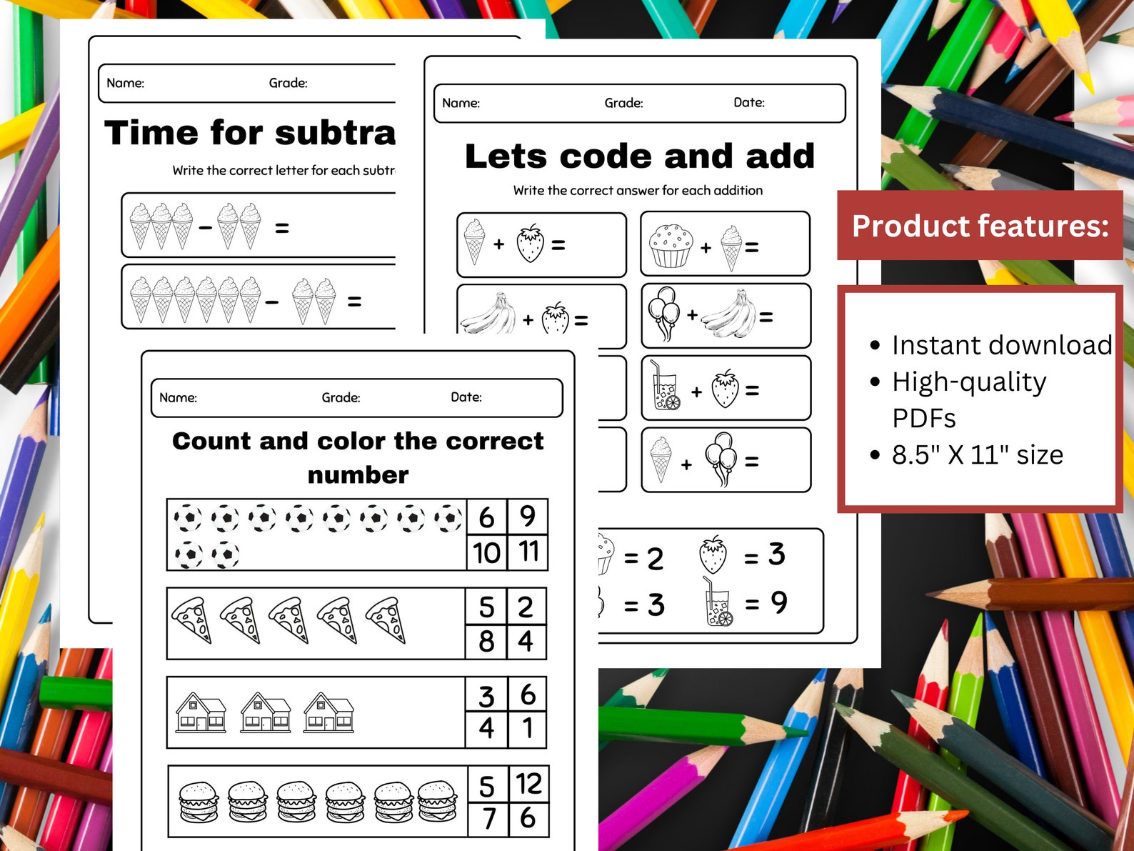 Grade 1 Math Worksheets Bundle Subtraction, Addition, Coding, Coloring ...