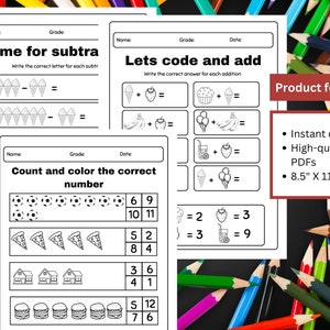 Grade 1 Math Worksheets Bundle Subtraction, Addition, Coding, Coloring ...
